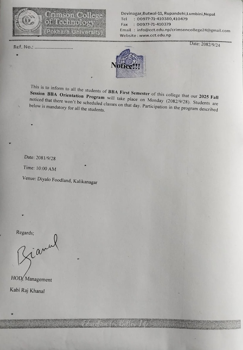 Notice Regarding Orientation Program of BBA 2025 Intake - Crimson ...